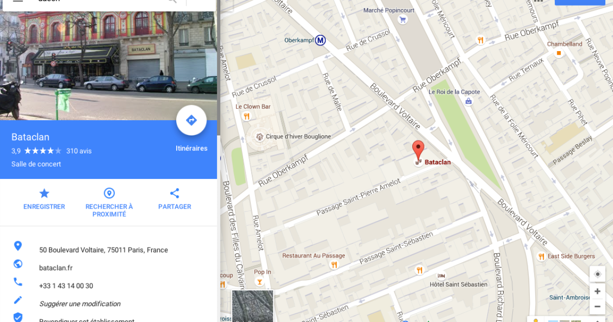 Le Bataclan associé avec Daesh sur Google Maps